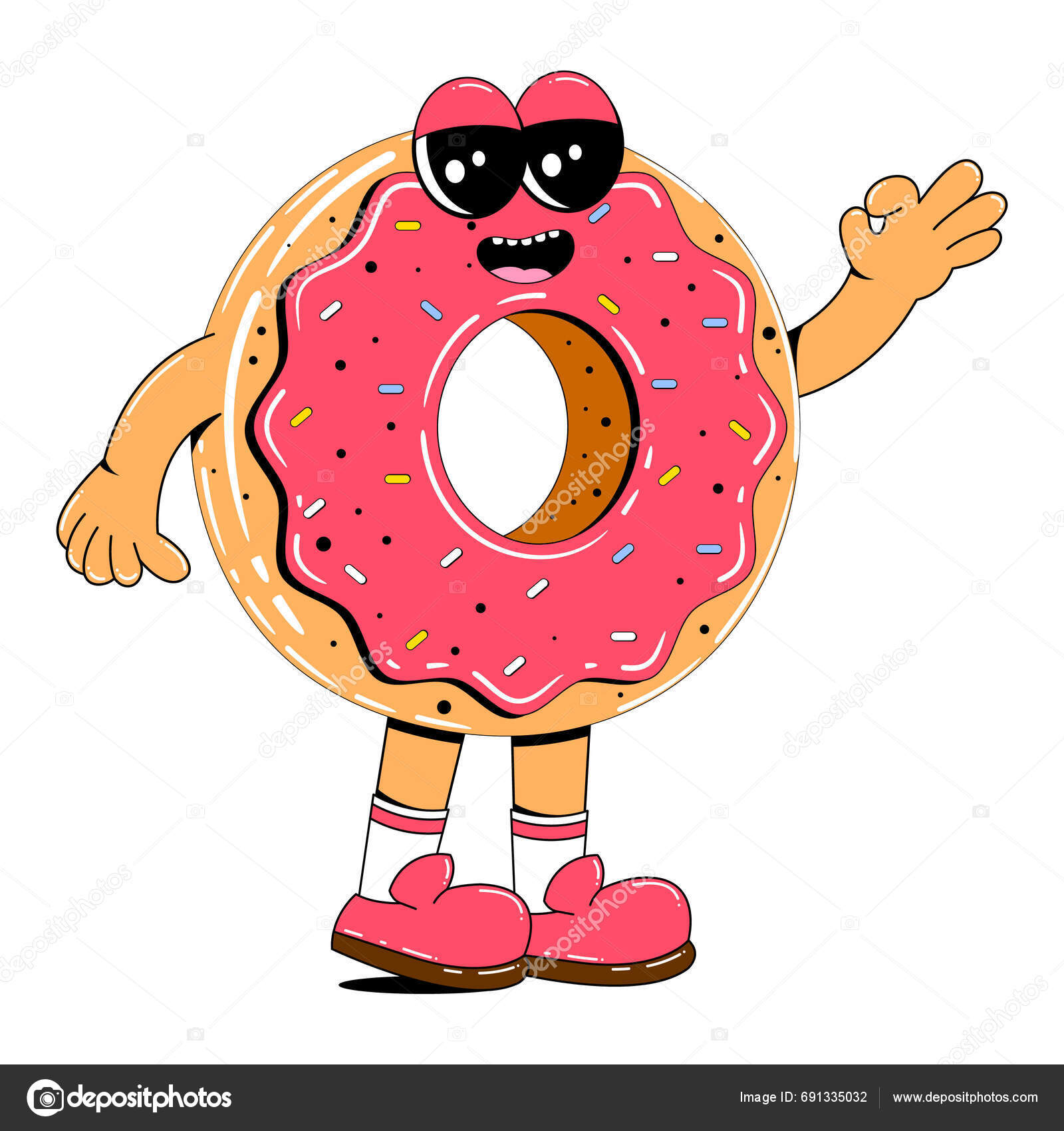 Cute Donut Character Retro Cartoon Style Vector Illustration Sweets ...