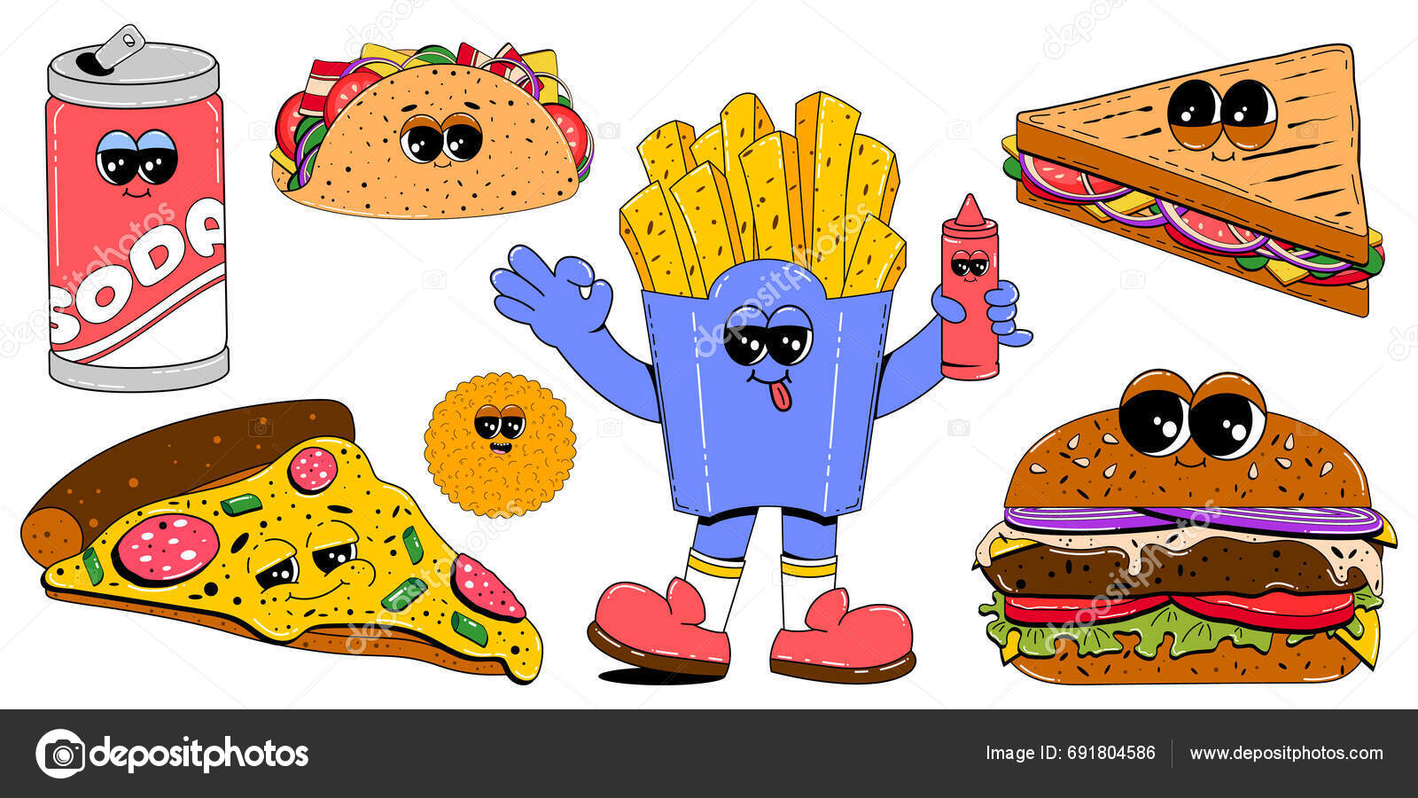 Colorful Set Fast Food Characters Retro Cartoon Style Vector Mascot ...