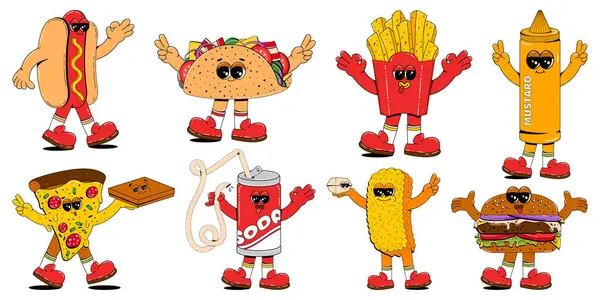 Colorful Set Fast Food Characters Retro Cartoon Style Vector Mascot ...