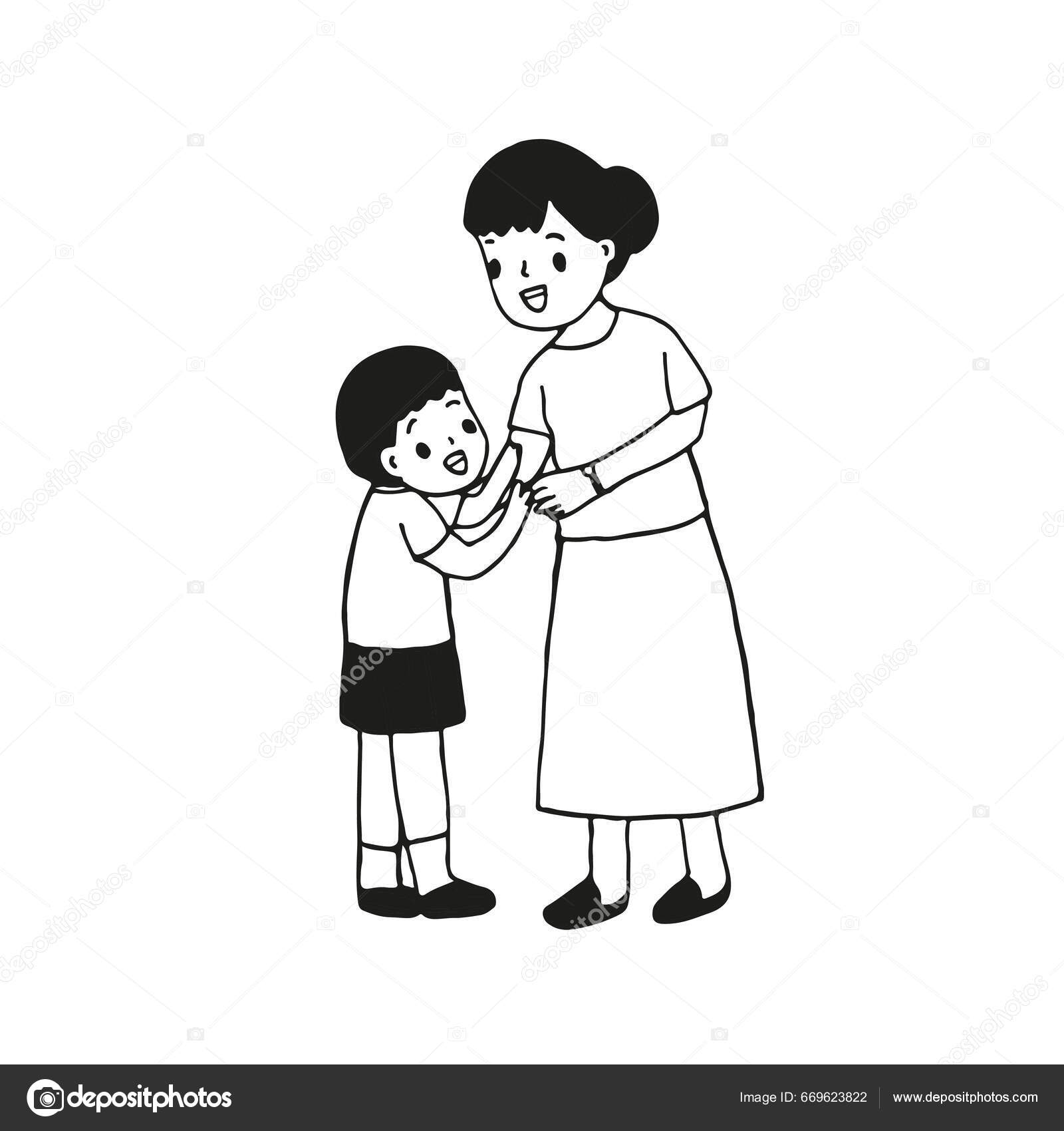 Mother Talk Little Boy Outline Drawing Style Vector Illustration Stock ...