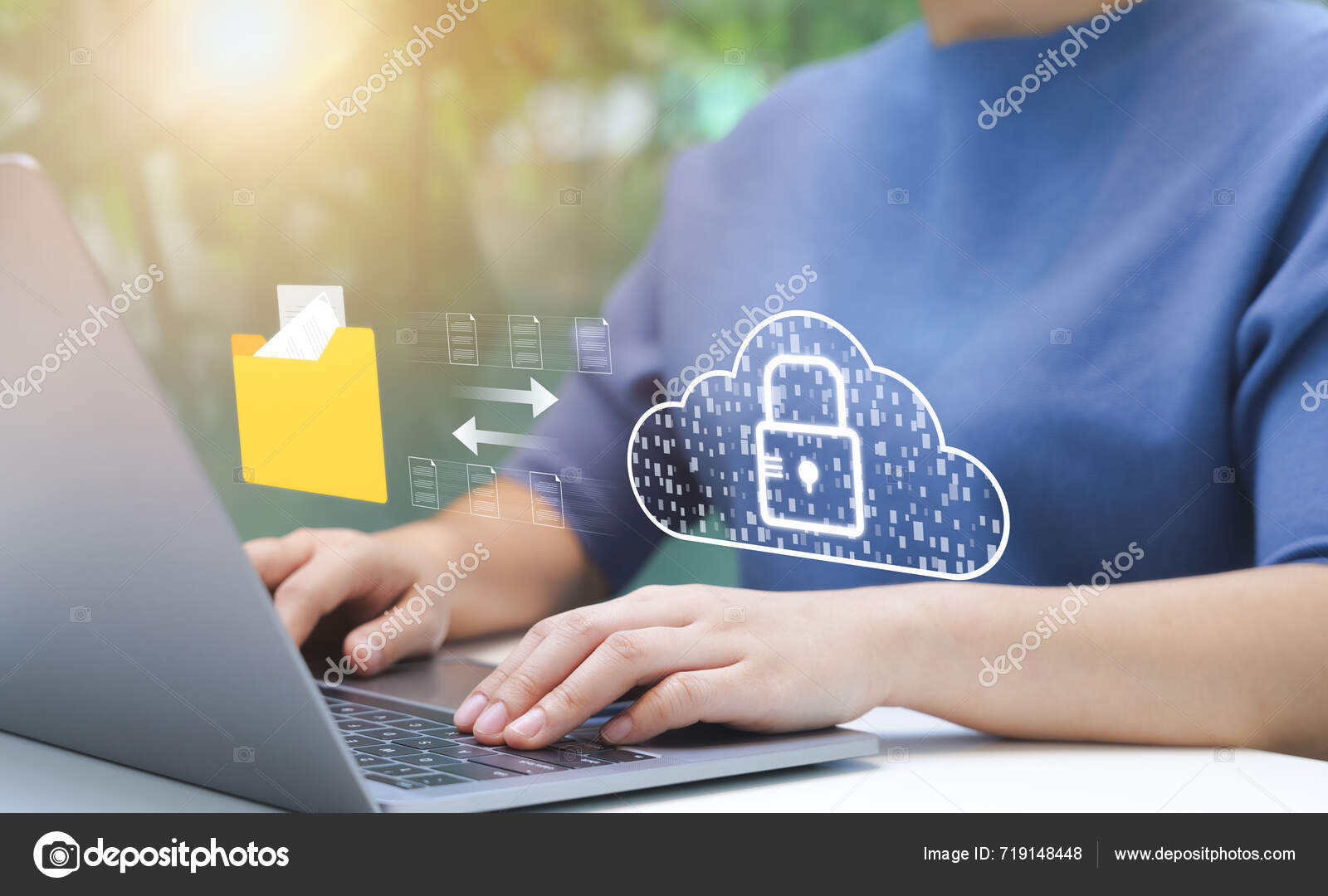 Person Managing Secure Cloud Data Transfer Individual Uses Laptop ...