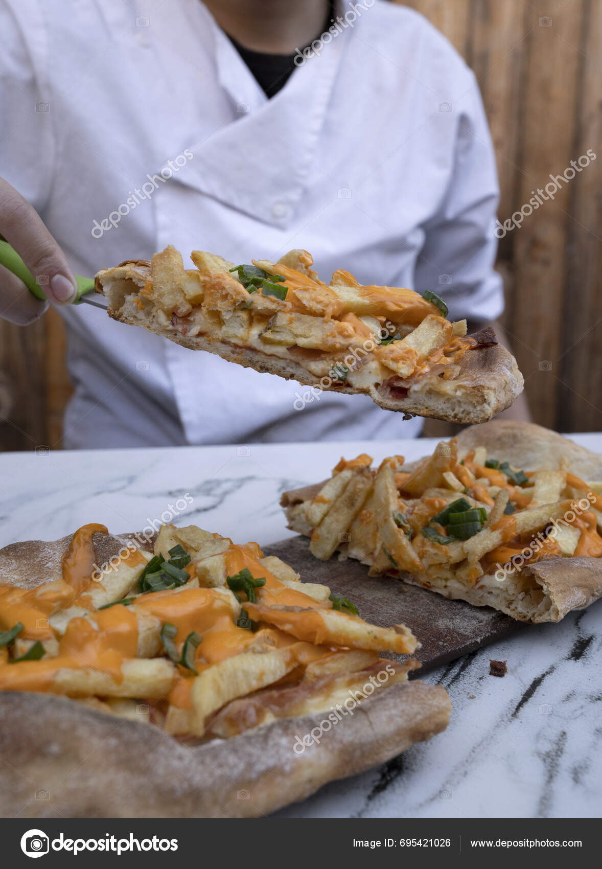 Female Chef White Kitchen Apron Serving Slice Pizza Mozzarella Cheddar ...