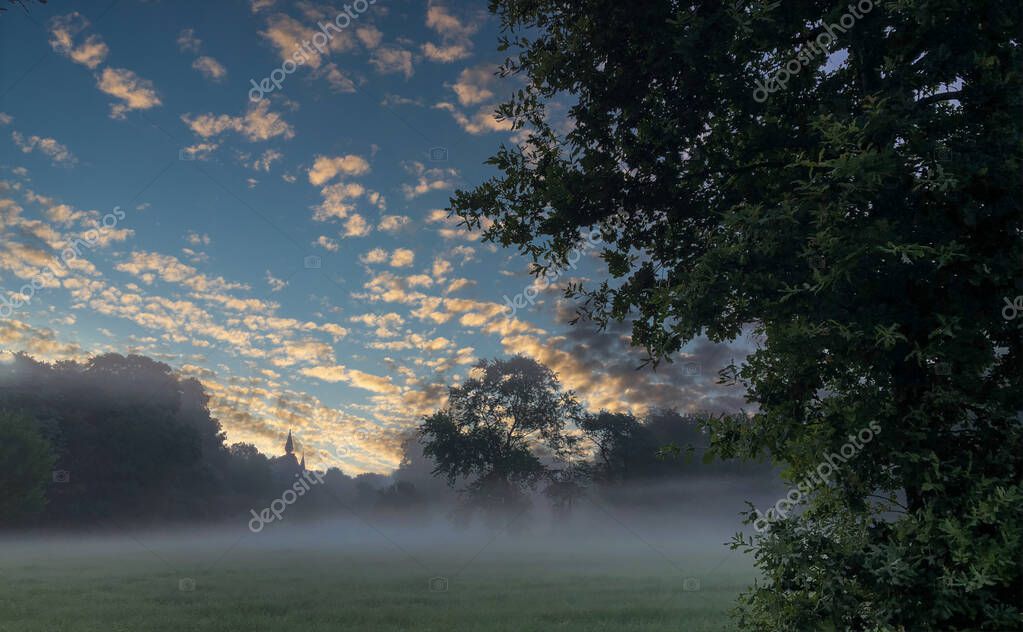 Al amanecer, una suave niebla se cierne sobre el campo, creando un ...