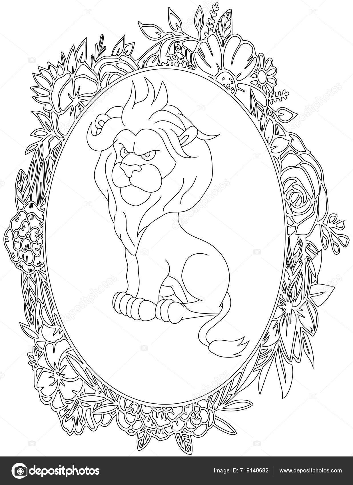 Leão Uma Página Colorir Moldura Floral Folha Trabalho Para Colorir ...