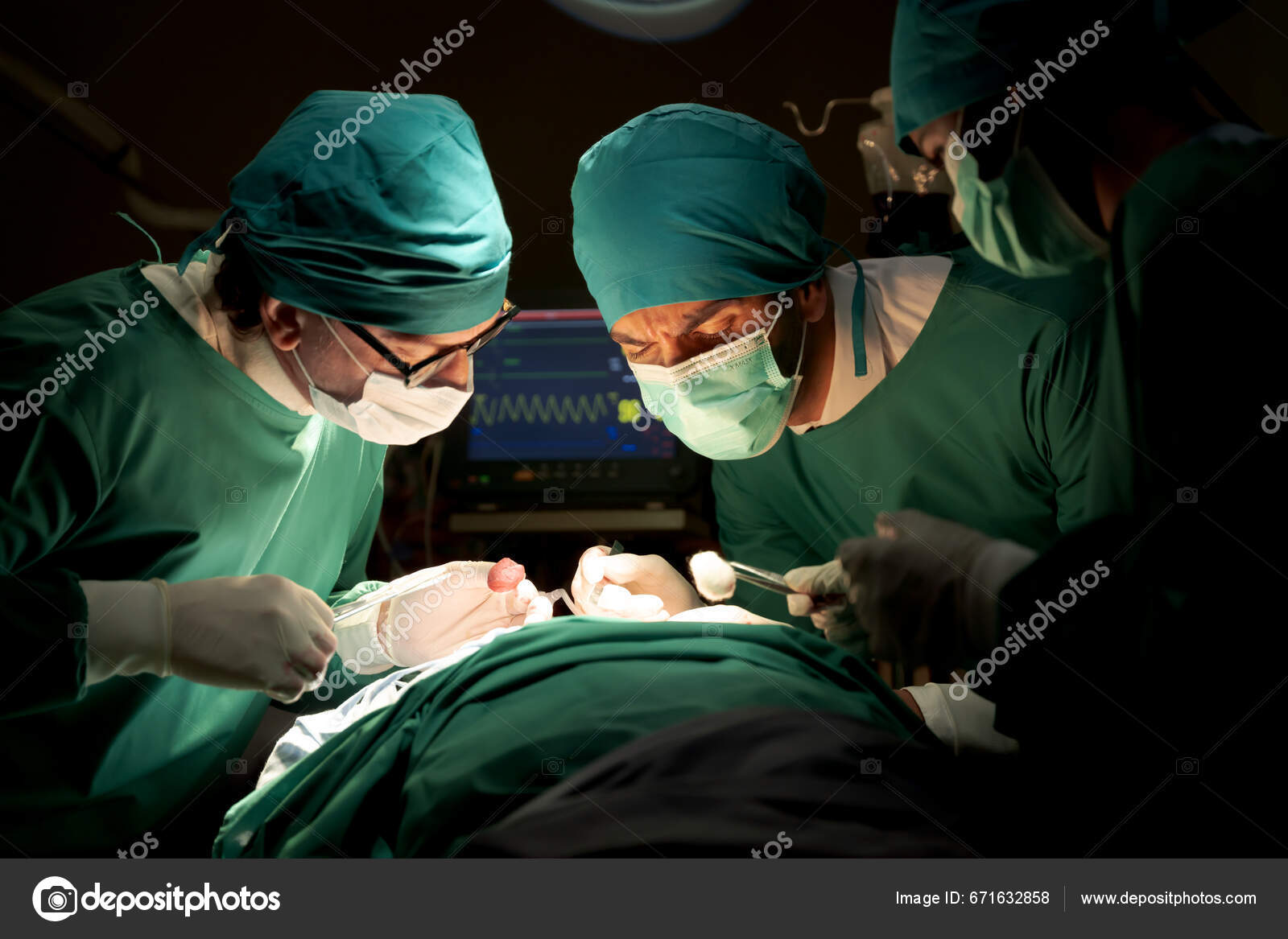 Team Doctors Operating Room Dressed Green Uniforms Saving Lives ...