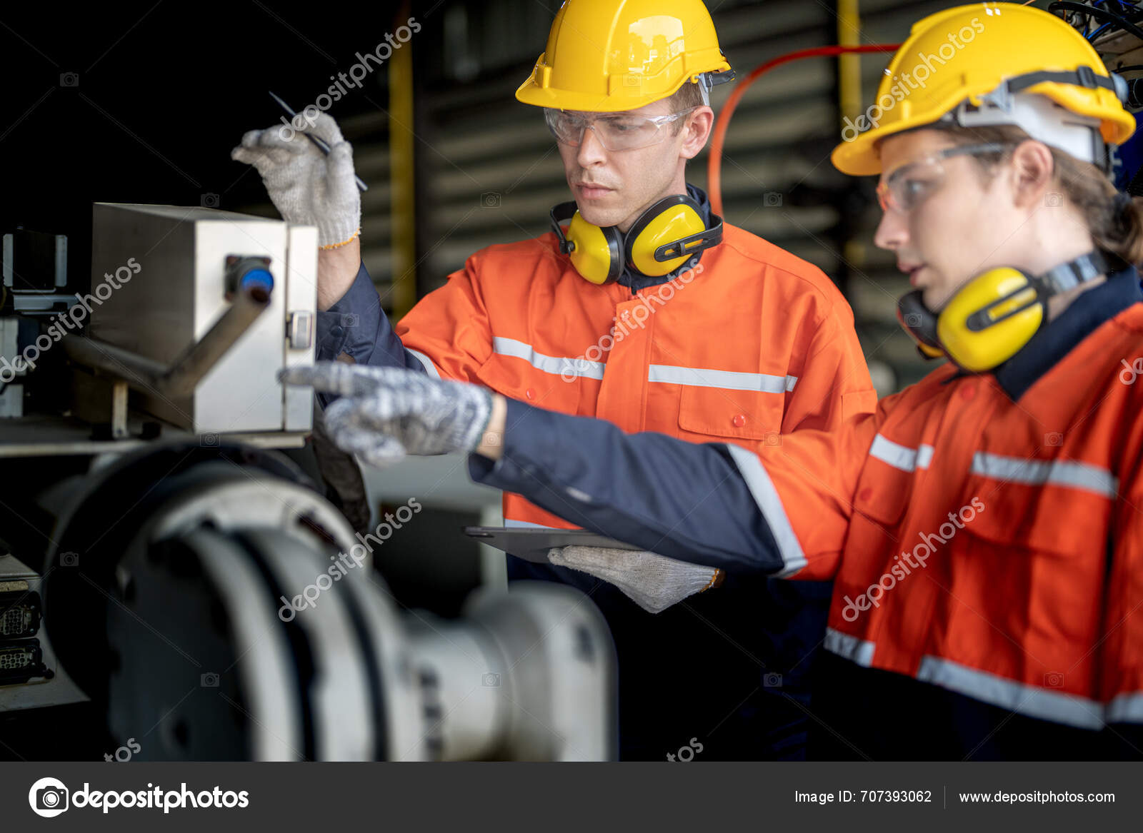 Male Engineer Workers Maintenance Automatic Robotic Arm Machine Factory ...