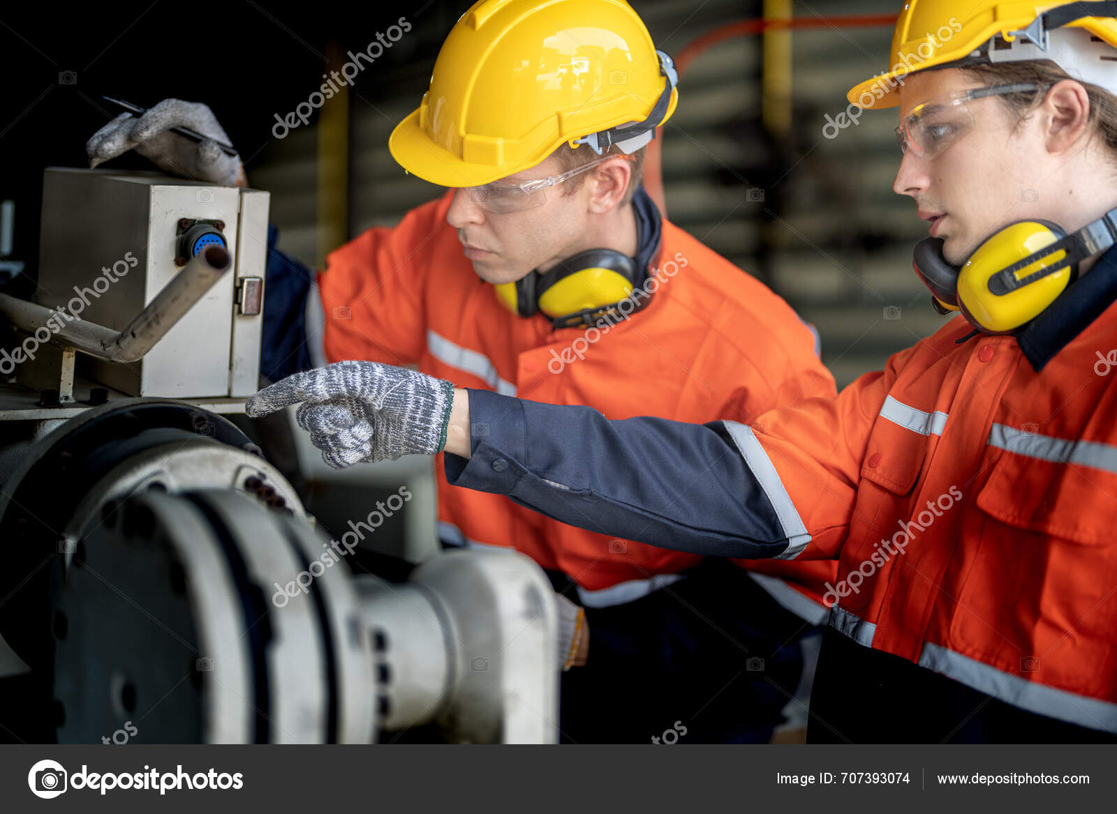 Male Engineer Workers Maintenance Automatic Robotic Arm Machine Factory ...