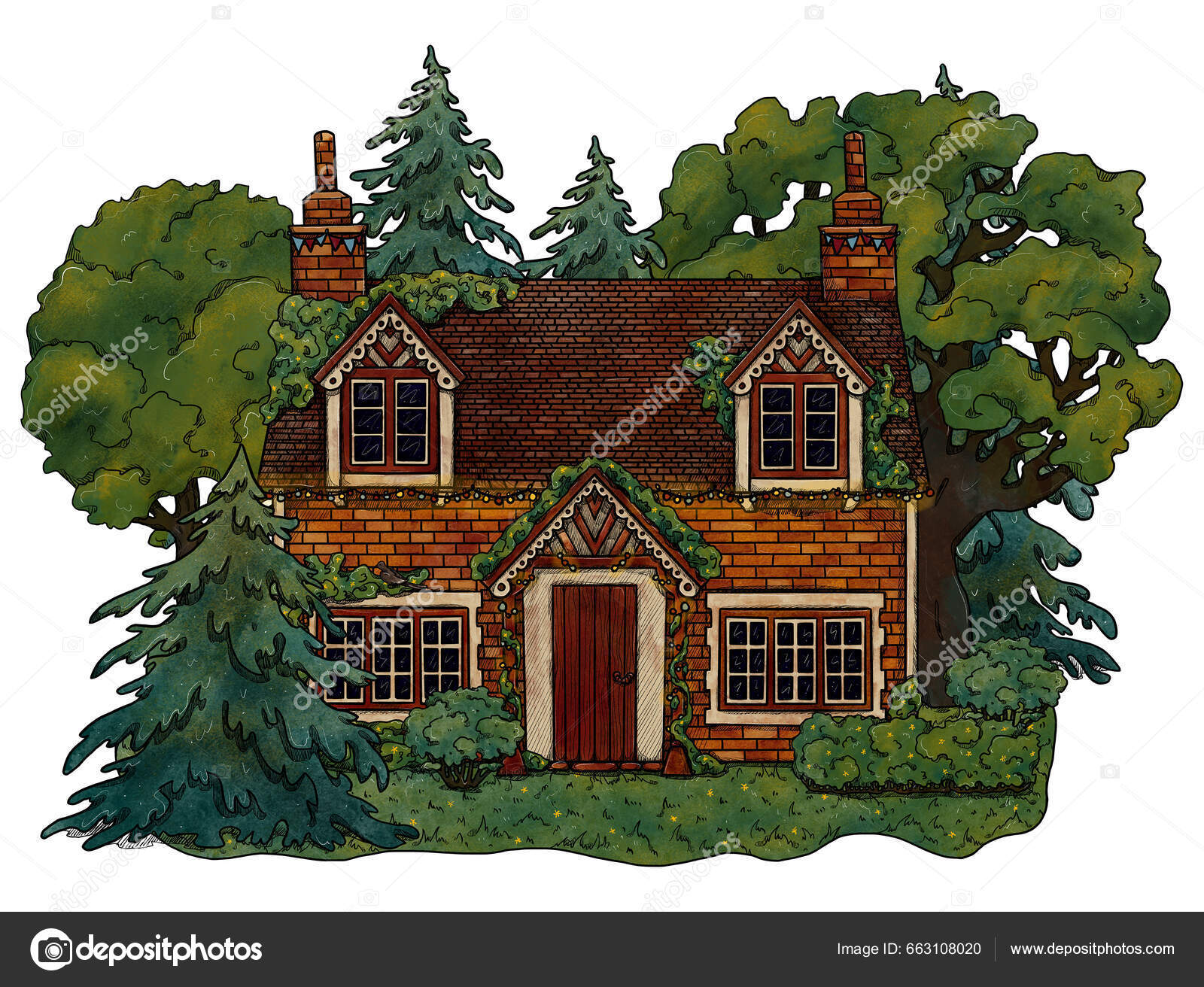 Hand Drawn Decorative Cozy House Colored Forest Landscape Vacation Home ...