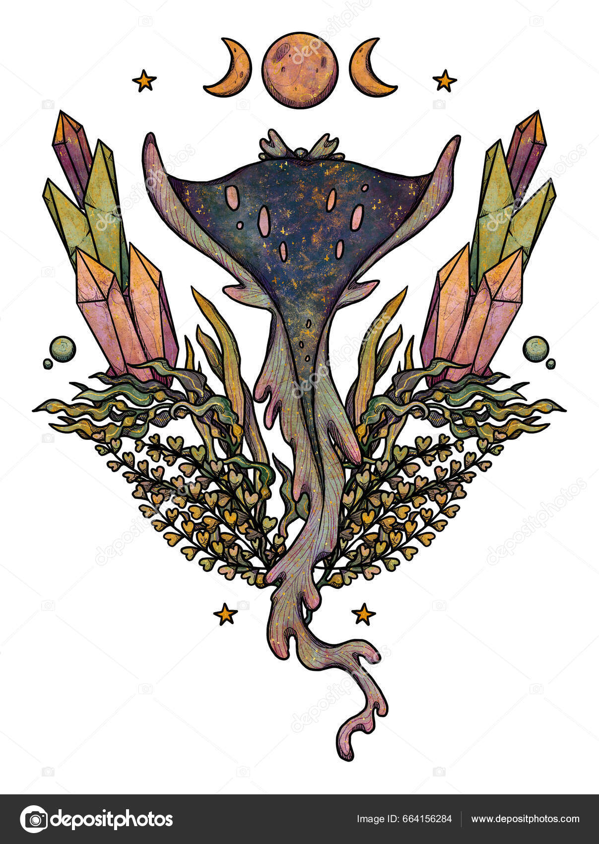 Fantasy Fish Illustration Hand Drawn Color Gold Marine Life Underwater ...