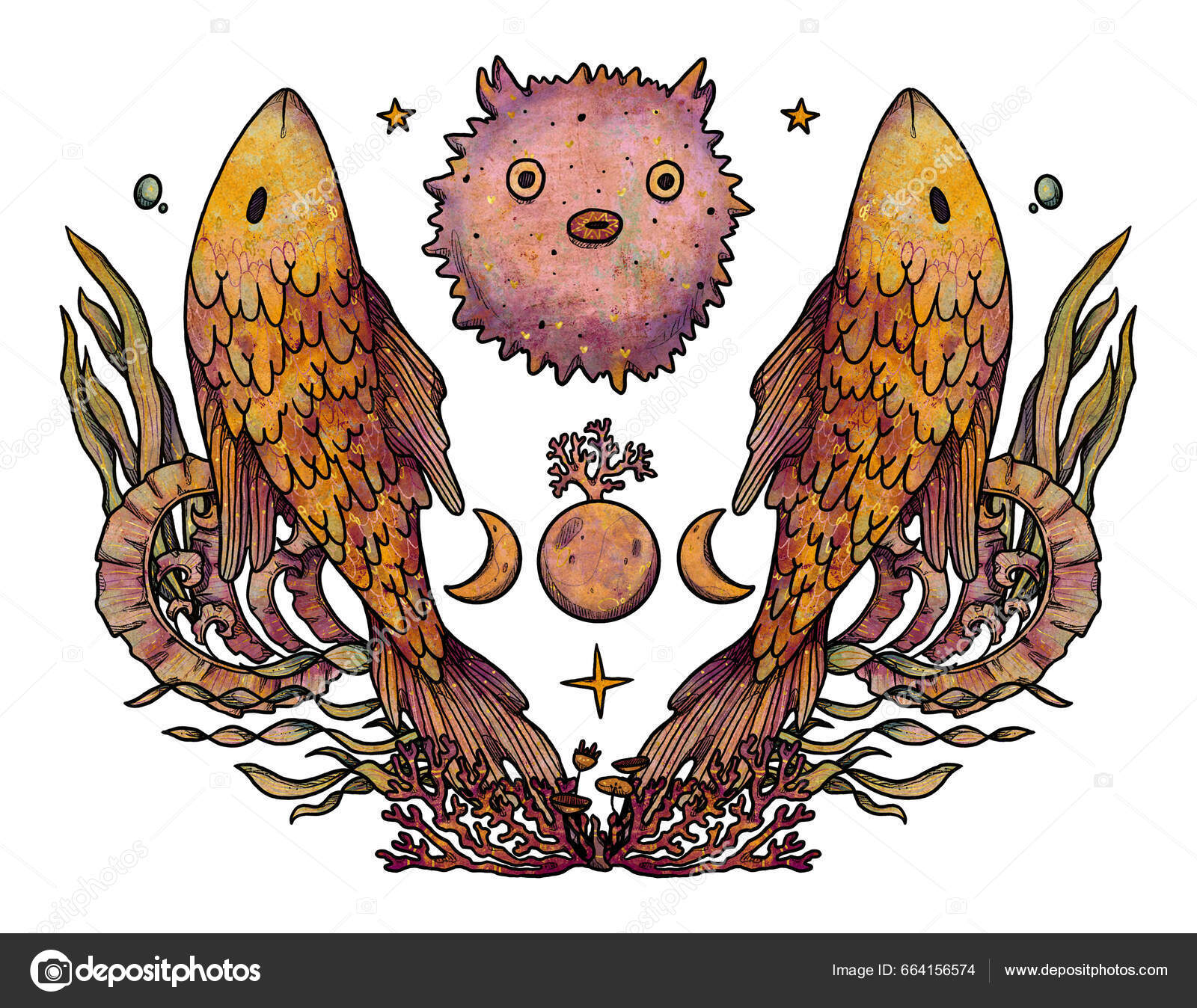 Fantasy Fish Illustration Hand Drawn Color Gold Marine Life Underwater ...