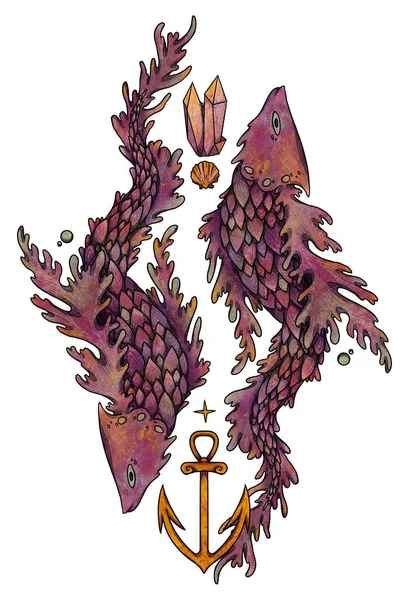 Fantasy Fish Illustration Hand Drawn Color Gold Marine Life Underwater ...