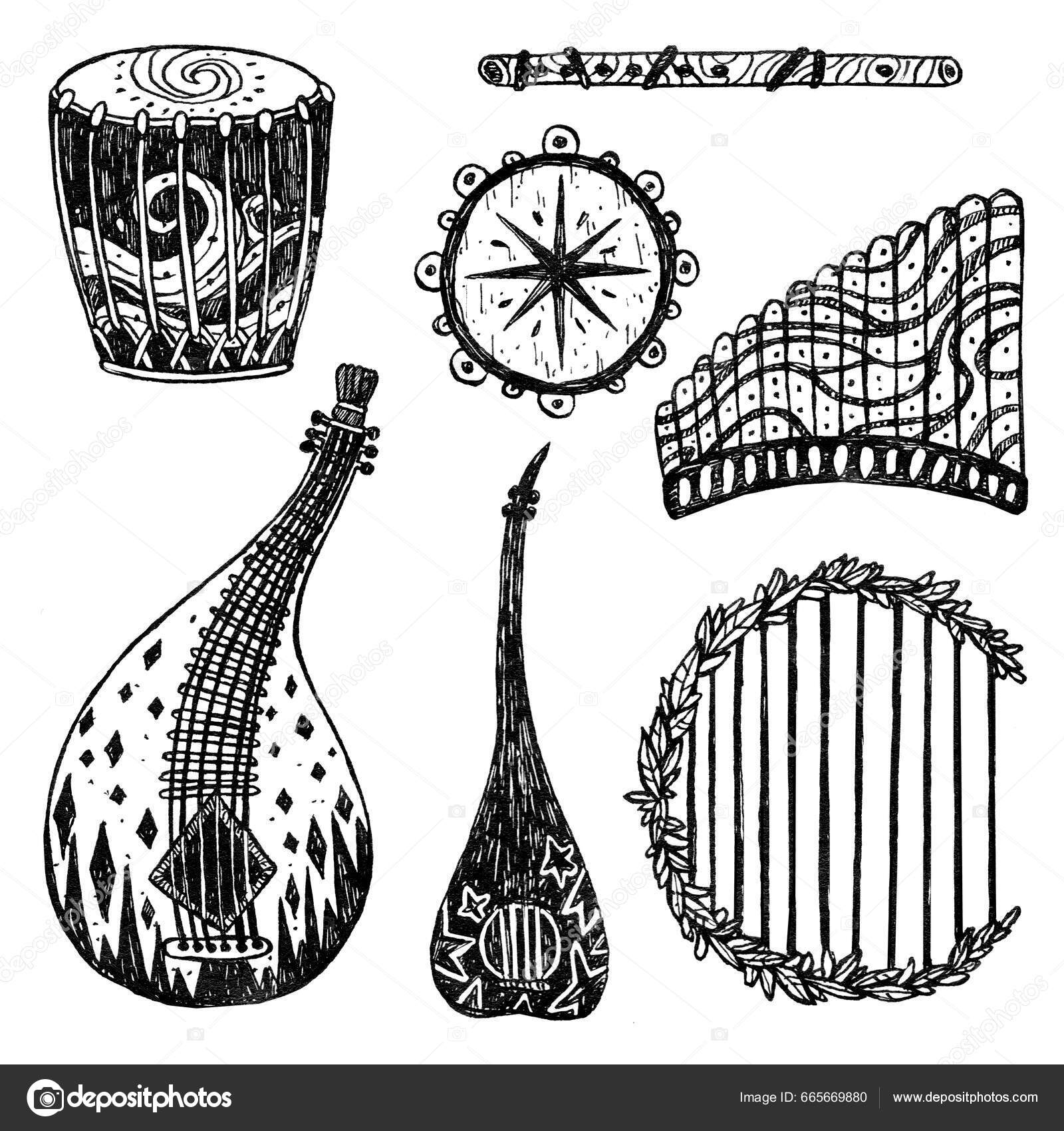 Halloween Ink Set Musical Instruments Drum Tambourine Flute Harp Guitar ...