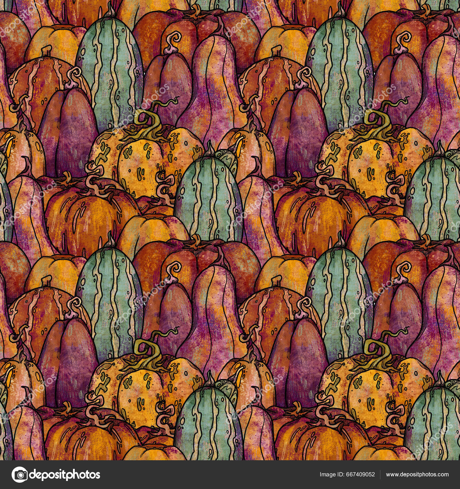 Decorative Autumn Patterns Hand Drawn Pumpkins Plants Forest Vibes Boho ...