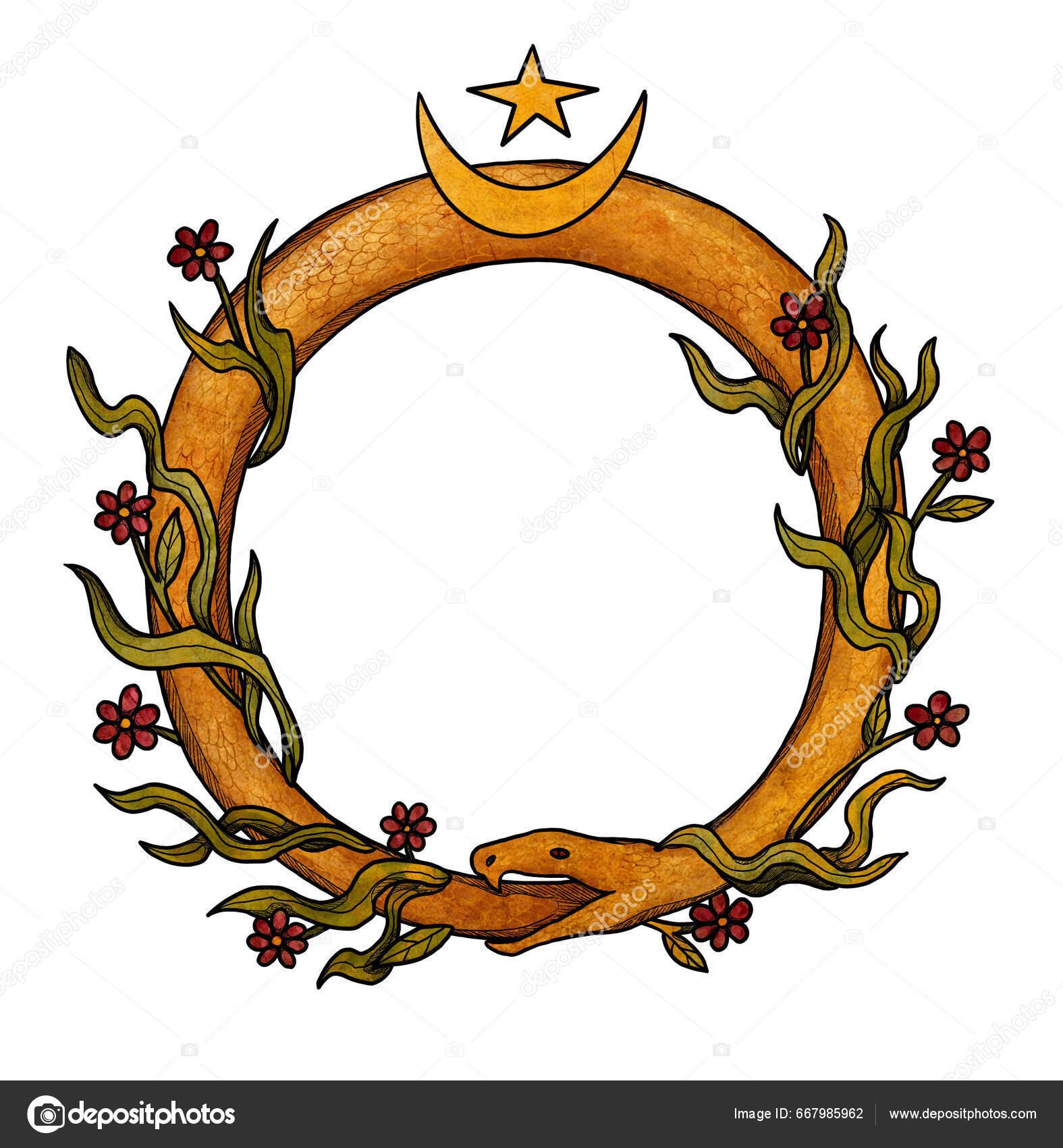 Hand Drawn Boho Snake Illustration Colored Art Floral Composition ...