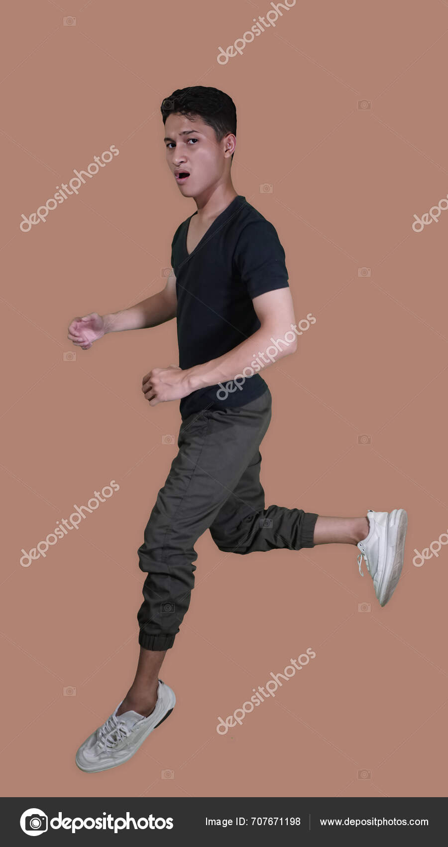 Asian Man Poses Flying Happy Running Light Brown Background — Stock ...