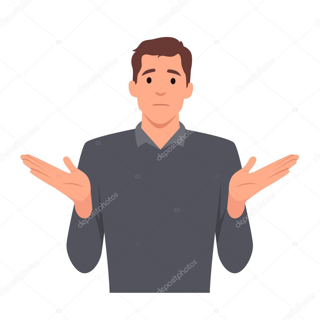 Gesto oops, lo siento o no sé. El hombre se encoge y extiende las manos. Ilustración vectorial ...