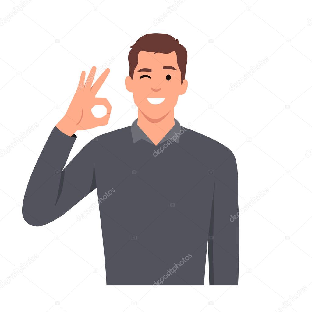 El hombre está mostrando un gesto Ok, ok. Ilustración vectorial en ...