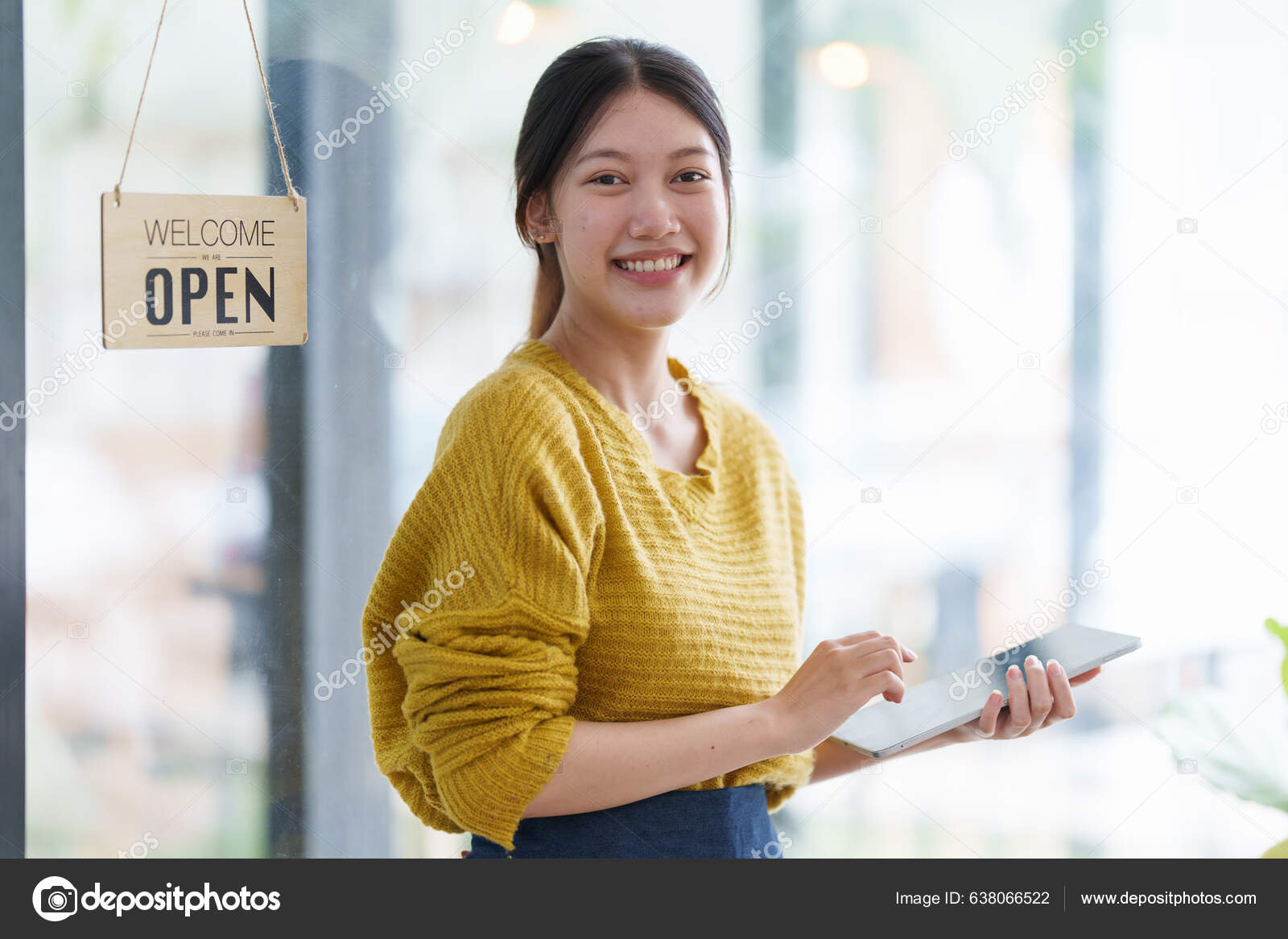 Beautiful Female Manager Restaurant Tablet Woman Coffee Shop Owner Open ...