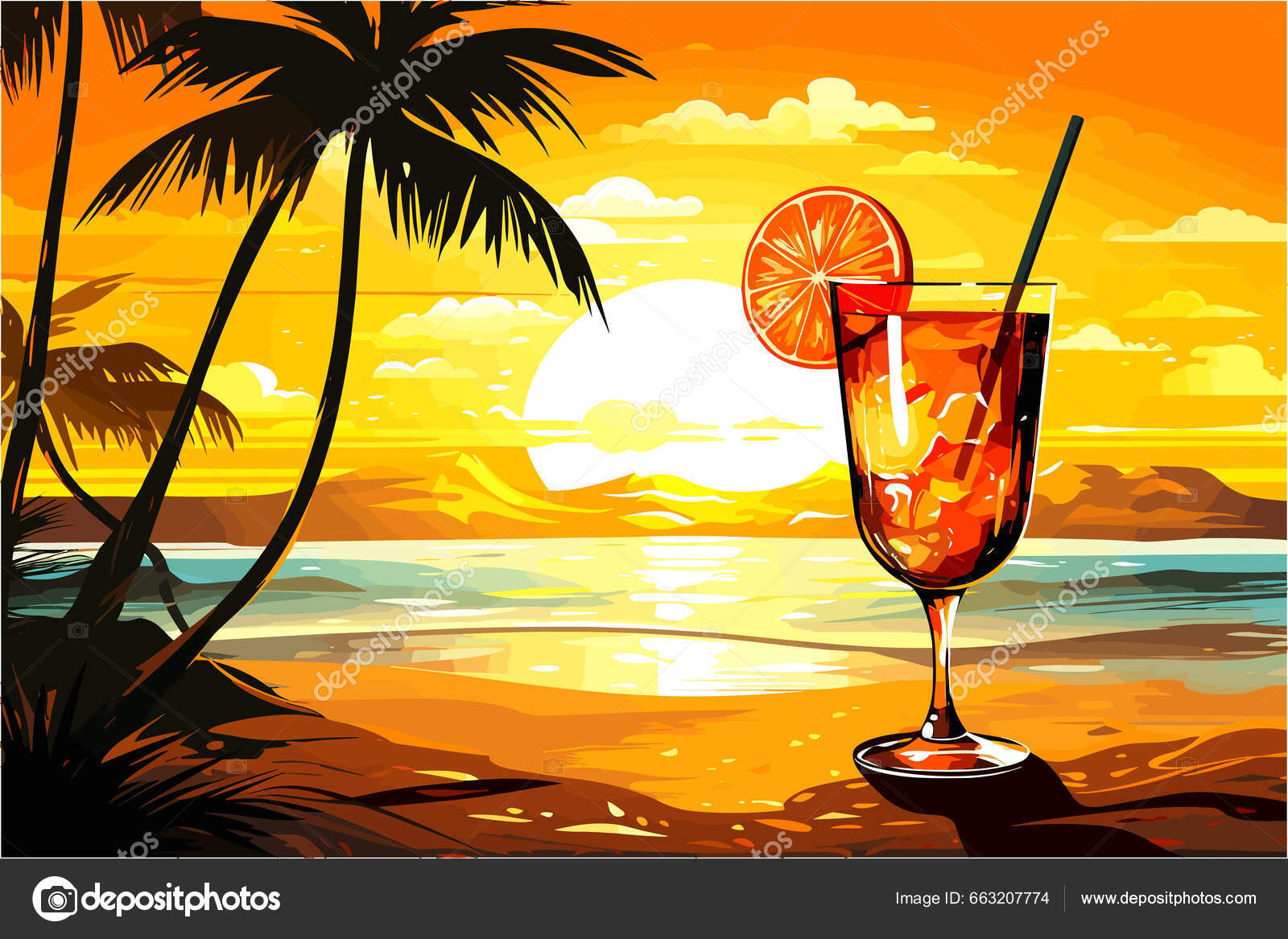 Tropical Sunset Cocktail Vector Rendered Flat Material Oriented Digital ...