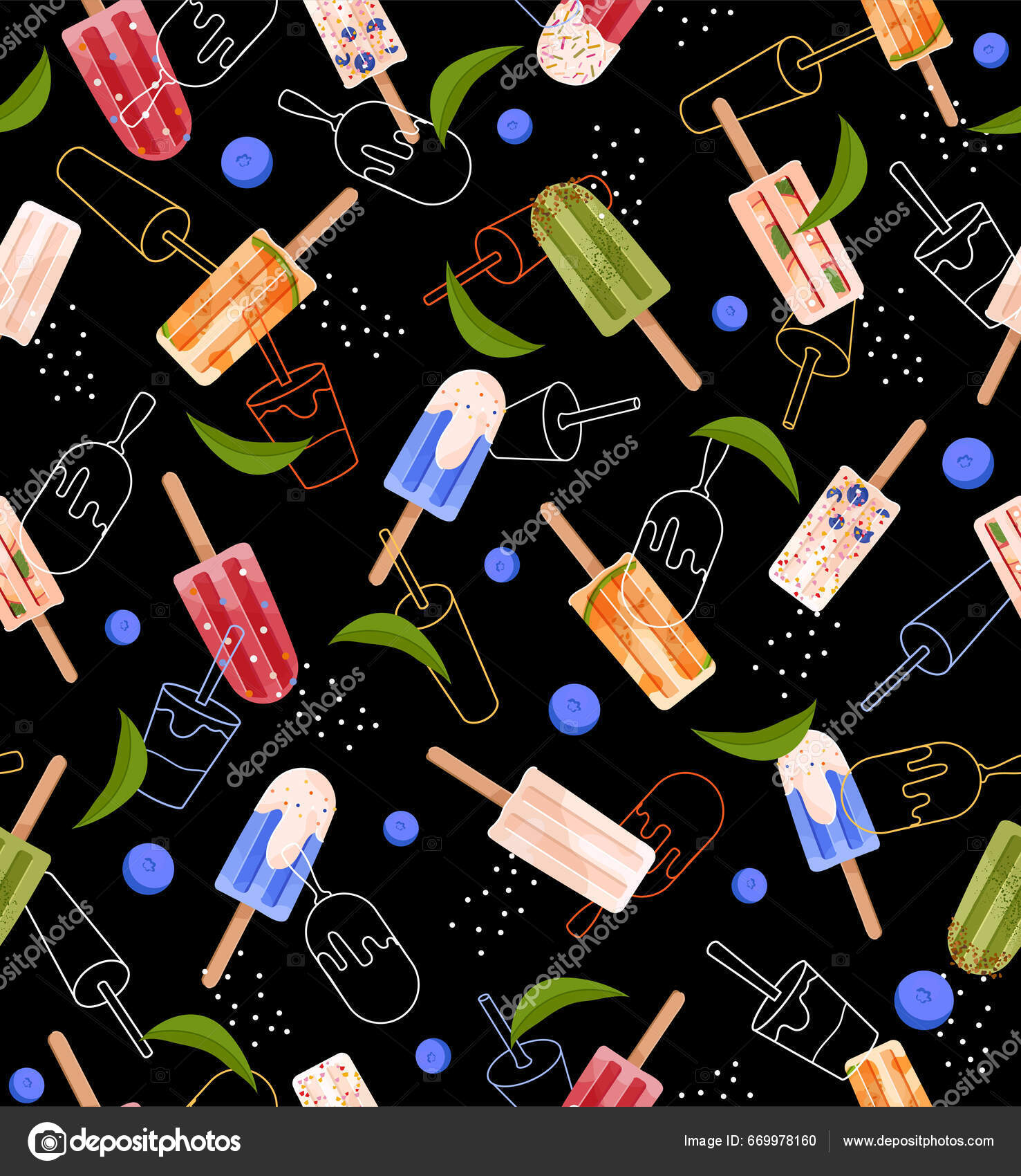 Ice Cream Bar Popsicle Seamless Pattern Black Background Summer Dessert ...