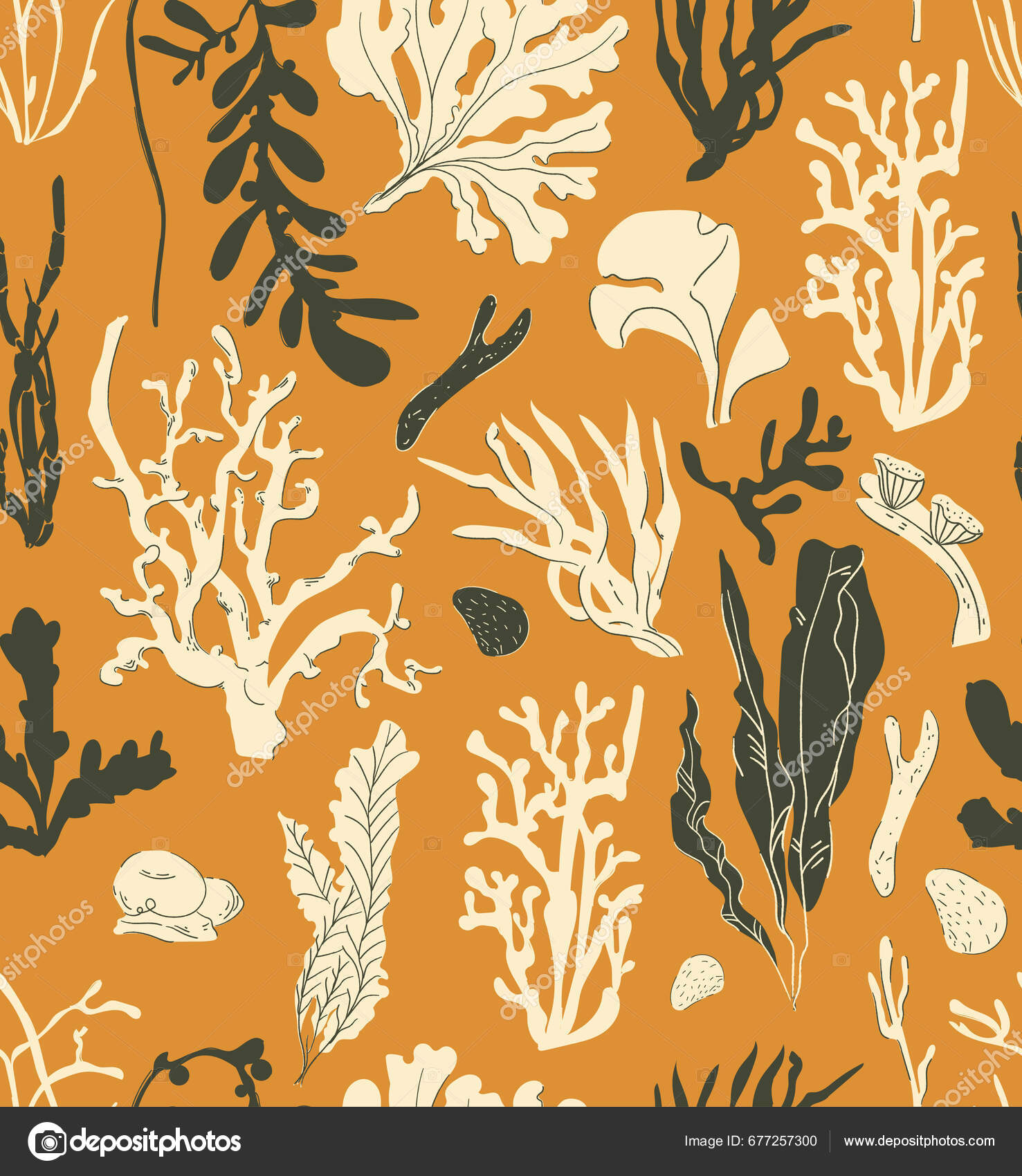 Coral Polyps Seaweed Seamless Pattern Vector Black Yellow Kelp ...