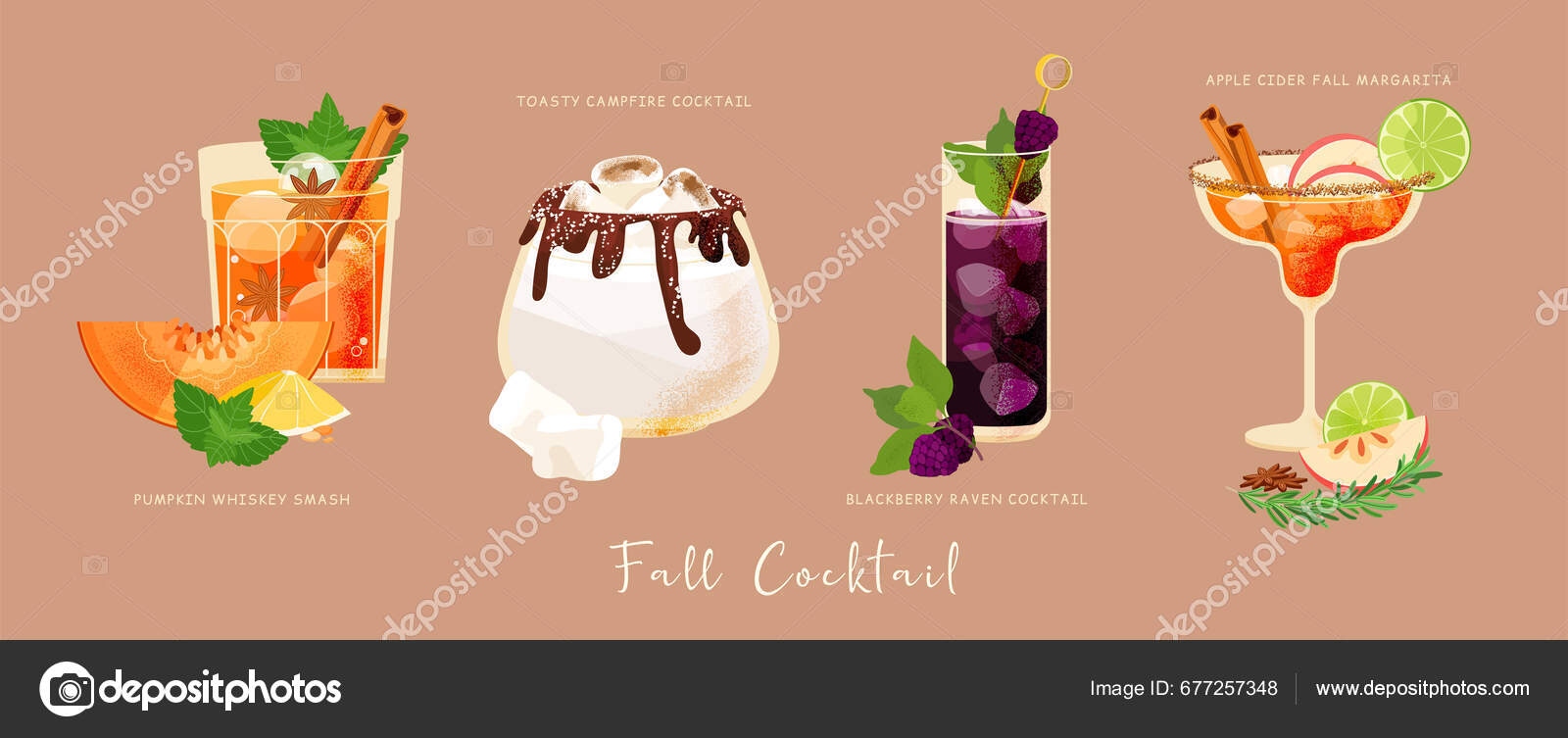 Fall Alcohol Cocktails Vector Set Autumn Four Drink Beverage Glass ...