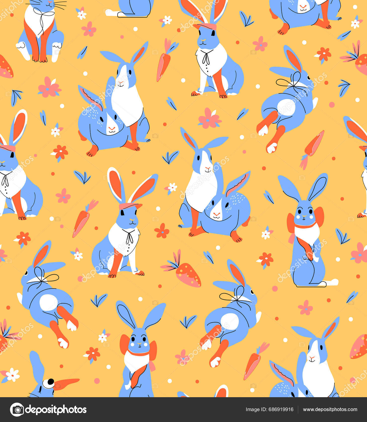 Cute Rabbit Seamless Pattern Yellow Background Carrot Floral Elements ...