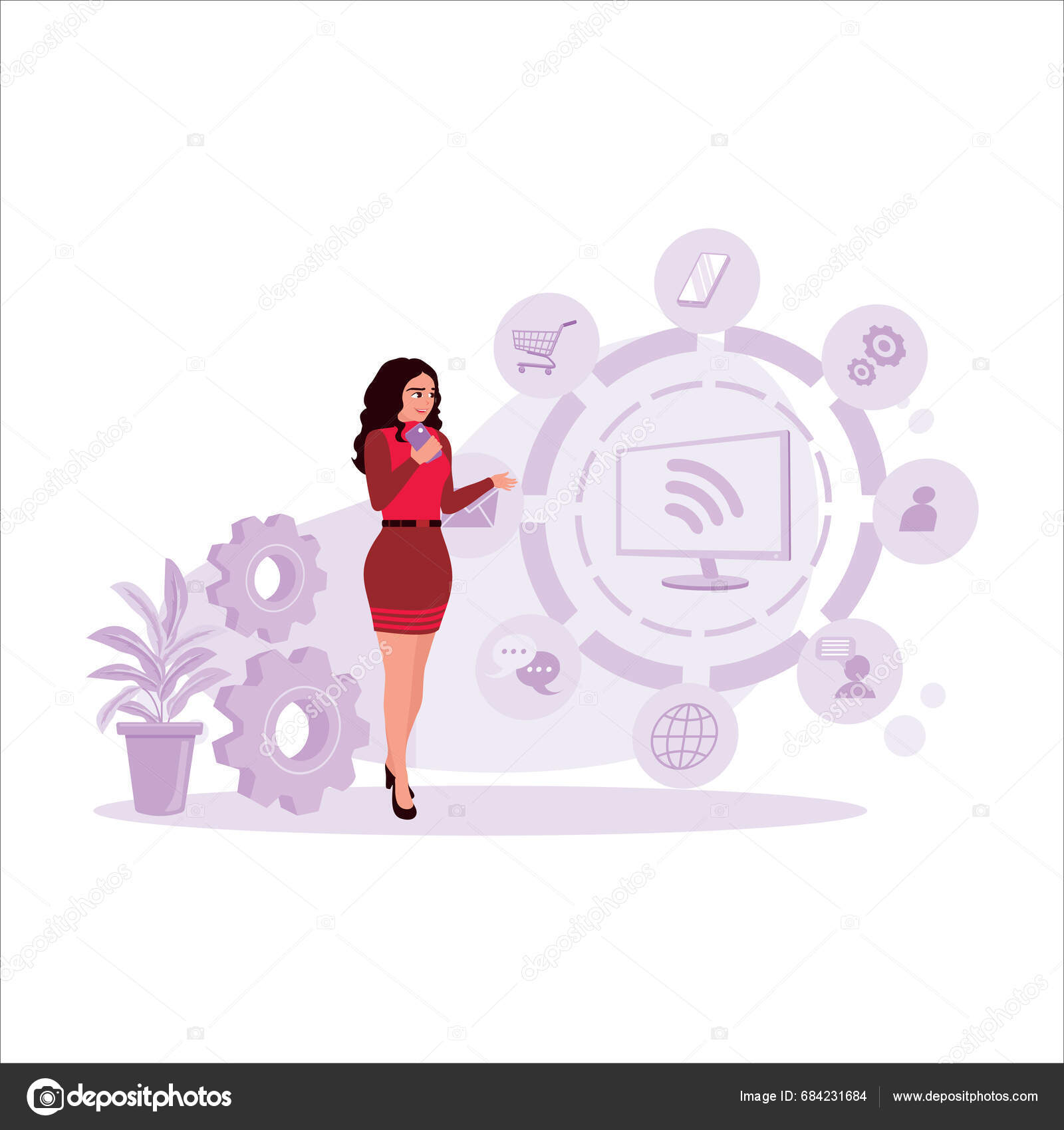 Businesswoman Works Computer Modern Office Virtual Icons Marketing ...