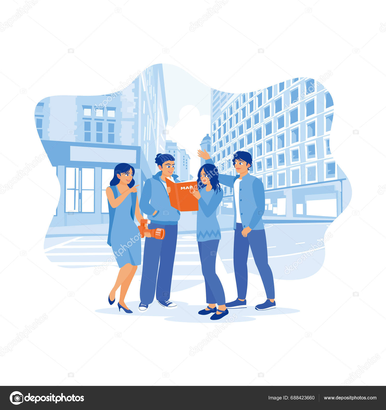 Group Smiling Friends Looking Maps Carrying Cameras Explore City Travel ...