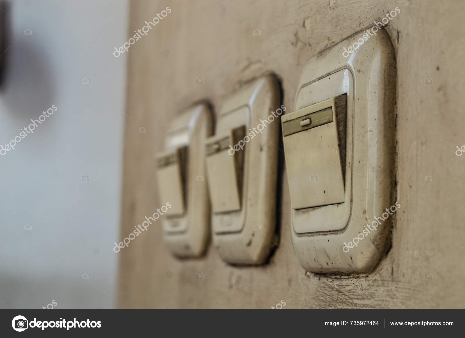 Three Vintage Light Switches Textured Wall Showing Signs Wear Tear ...