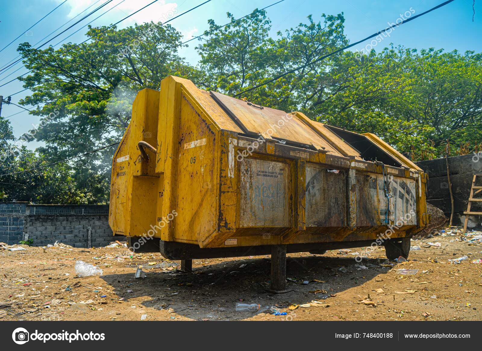Urban Waste Management Scene Graffiti Covered Yellow Dumpsters ...