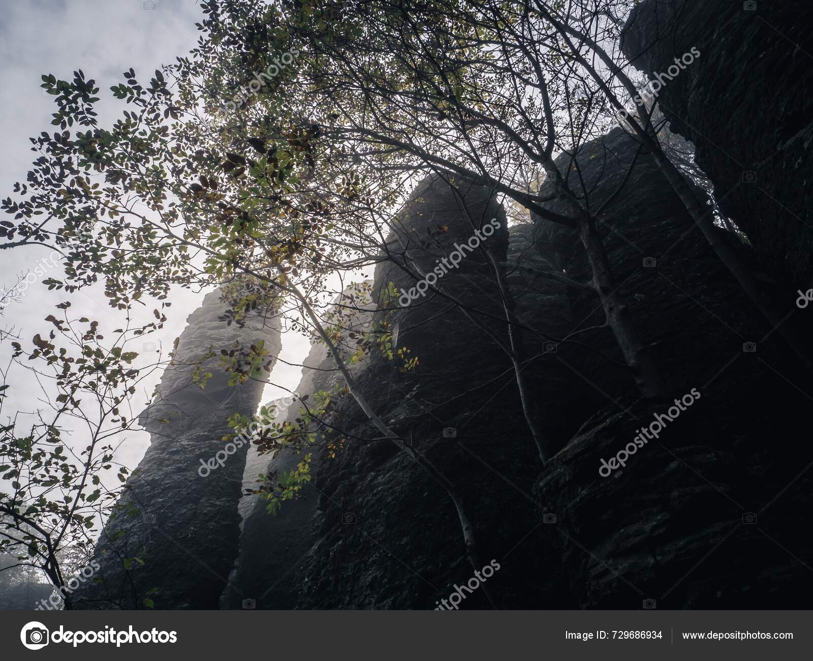 Basalt Rock Towers Organs Standing Tall Thick Autumn Fog Szent — Stock ...
