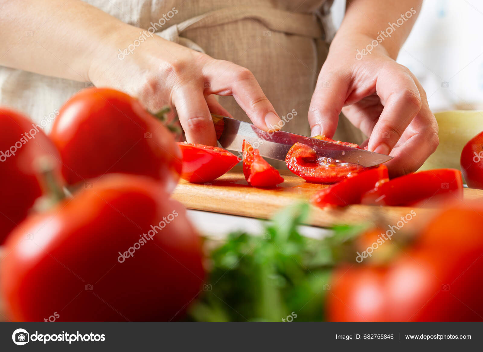 Chef Slicing Tomato Using Knife Table Restaurant Process Cutting ...