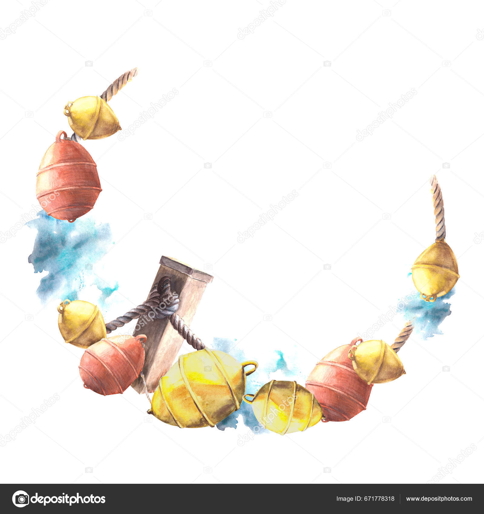 Watercolor Marine Wreath Red Yellow Buoys Bollard Sea Water Hand — Stock Photo © antonina.bartol ...