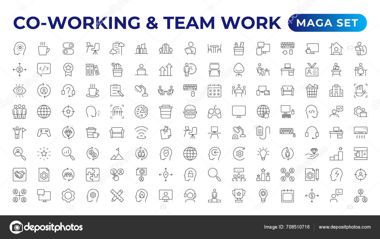 Working Teamwork Office Coworking Linear Icons Collection Set Coworking ...