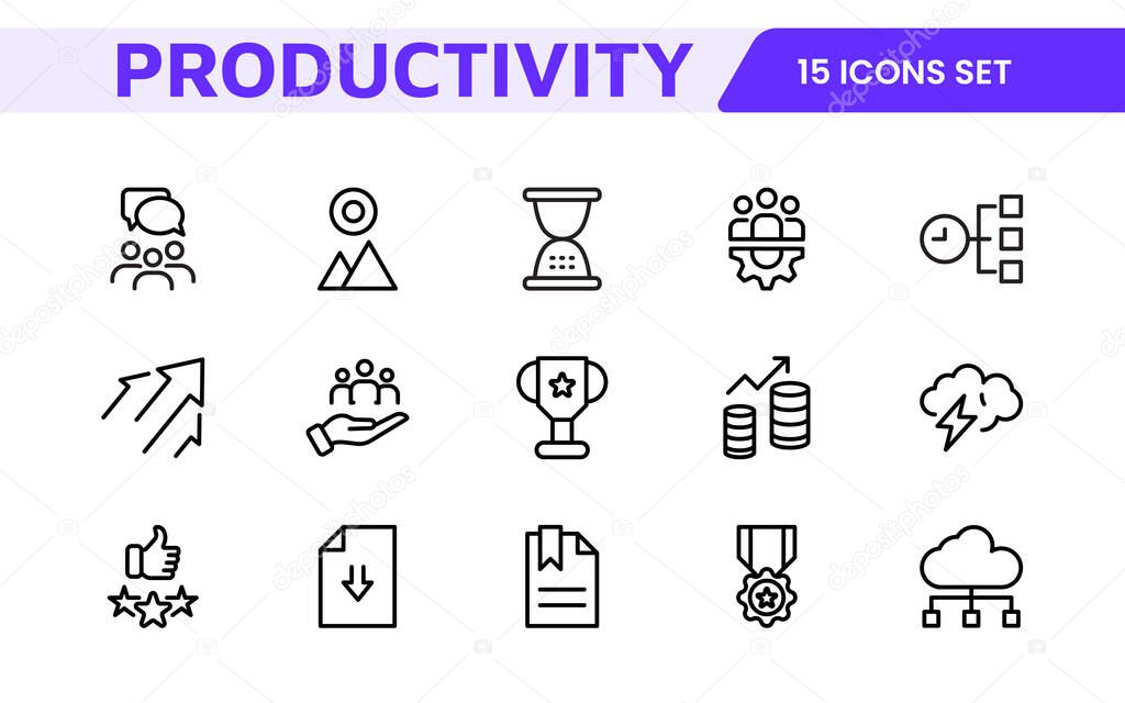 Conjunto de iconos de productividad. Iconos modernos e inspiradores ...