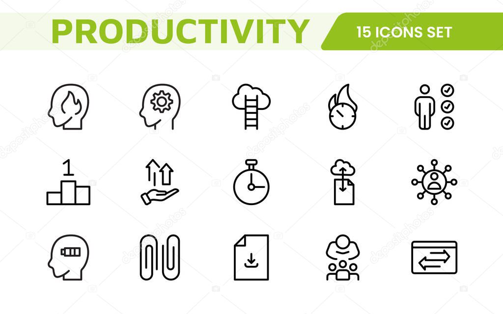 Conjunto de iconos de productividad. Iconos modernos e inspiradores ...