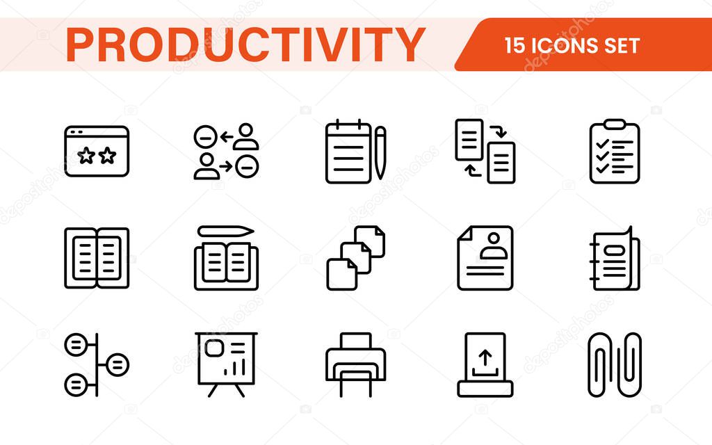Conjunto de iconos de productividad. Iconos modernos e inspiradores ...