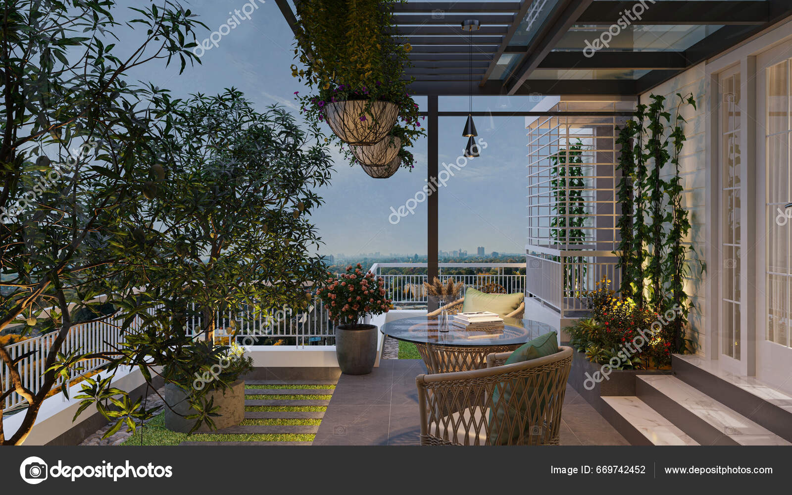 Diseño Moderno Balcón Representación Ilustración: fotografía de stock ...