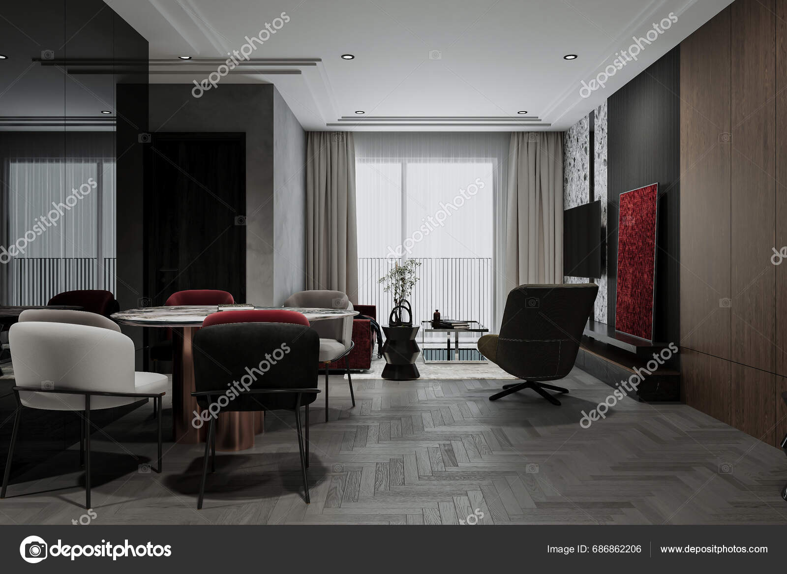 Luxury Two Dimensional Space Interior Industrial Style Rendering Stock ...