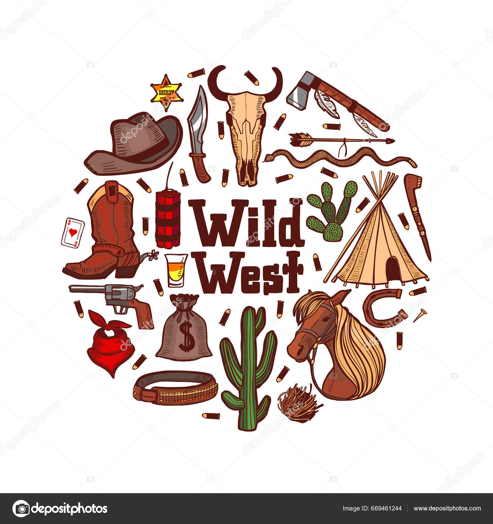 Composition Wild West Elements Hand Drawn Style Stock Vector by ©daria ...