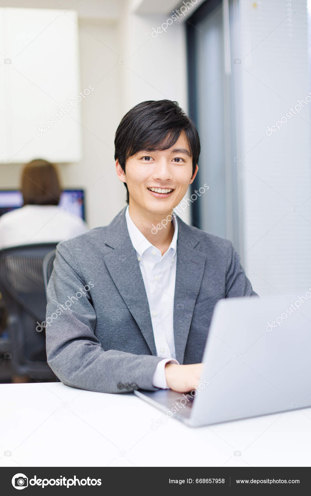 Handsome Japanese Man Working Laptop Office — Stock Photo ...
