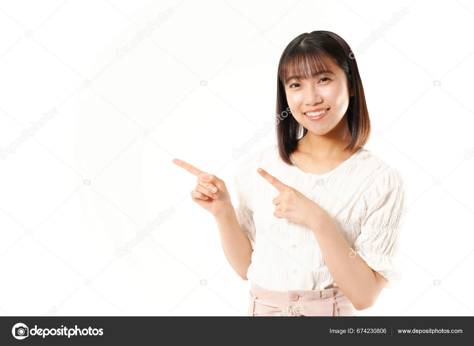 Beautiful Japanese Woman Pointing Something While Isolated White ...