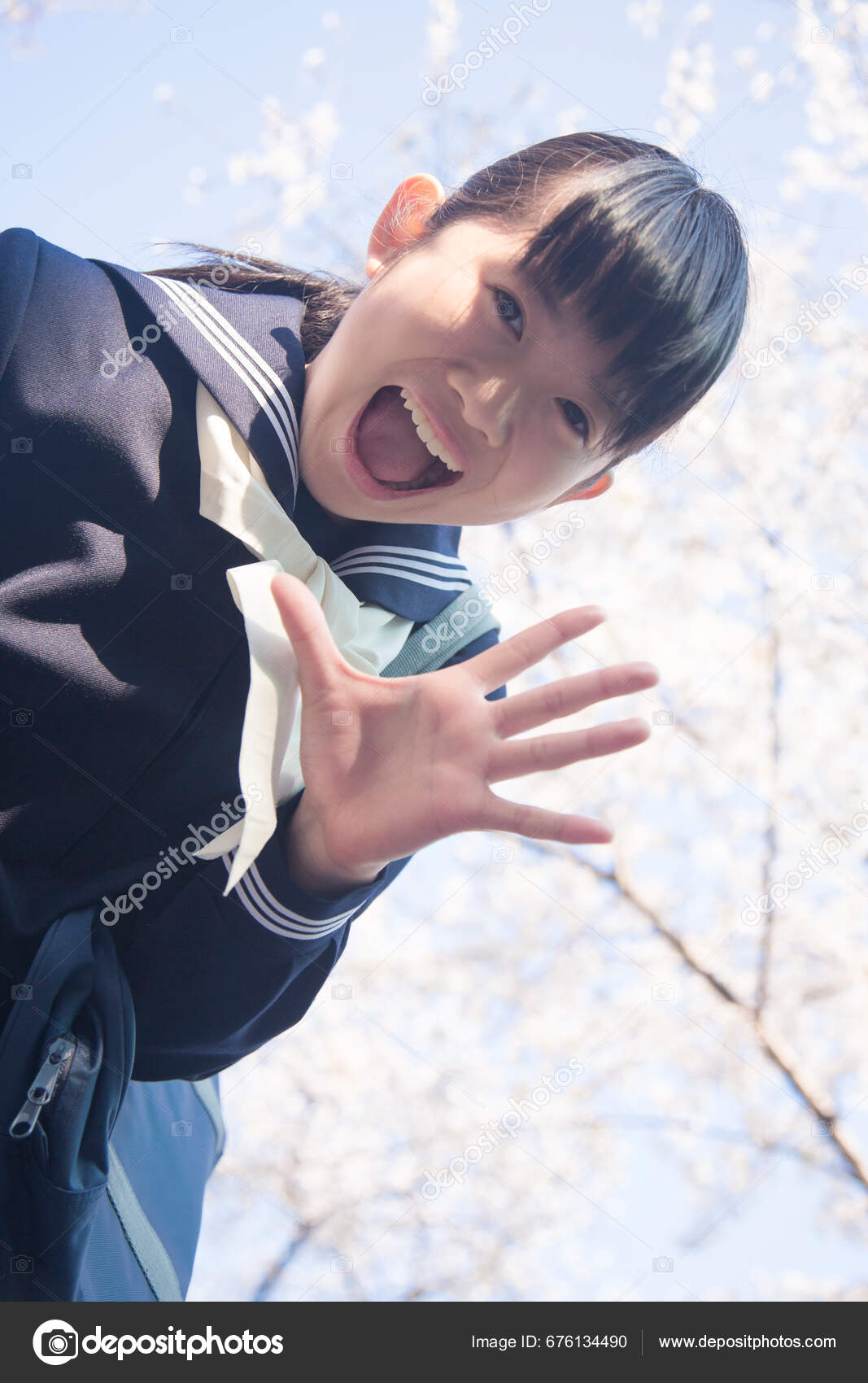 Portrait Beautiful Japanese Student School Uniform Street Spring Season ...