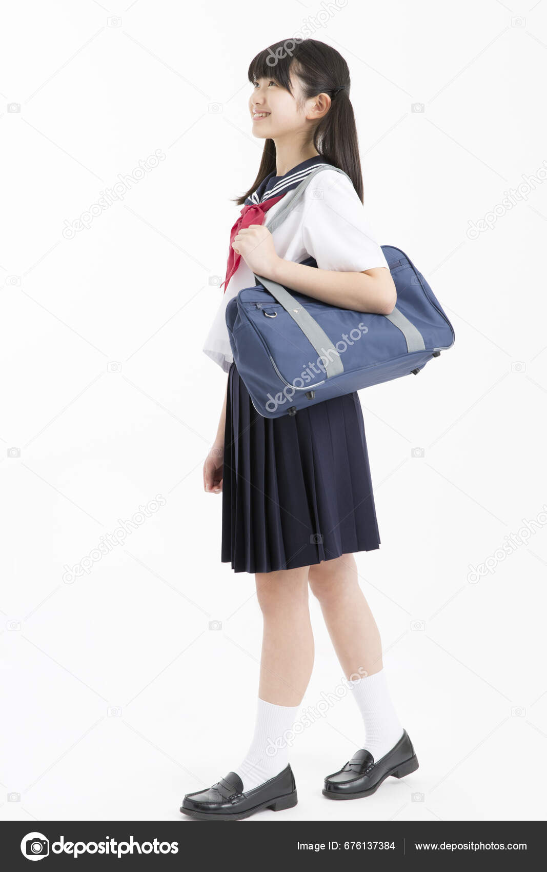 Portrait Beautiful Young Student School Uniform White Background ...