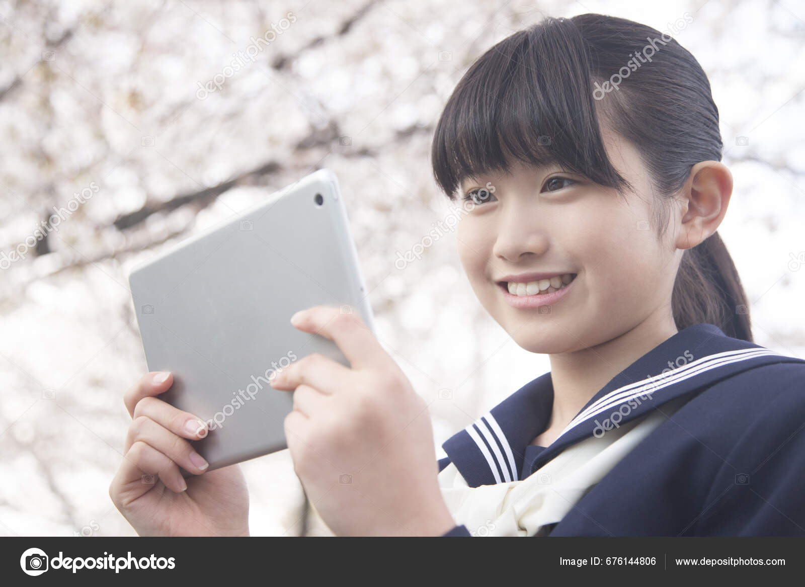 Portrait Beautiful Japanese Student Using Tablet Street — Stock Photo ...