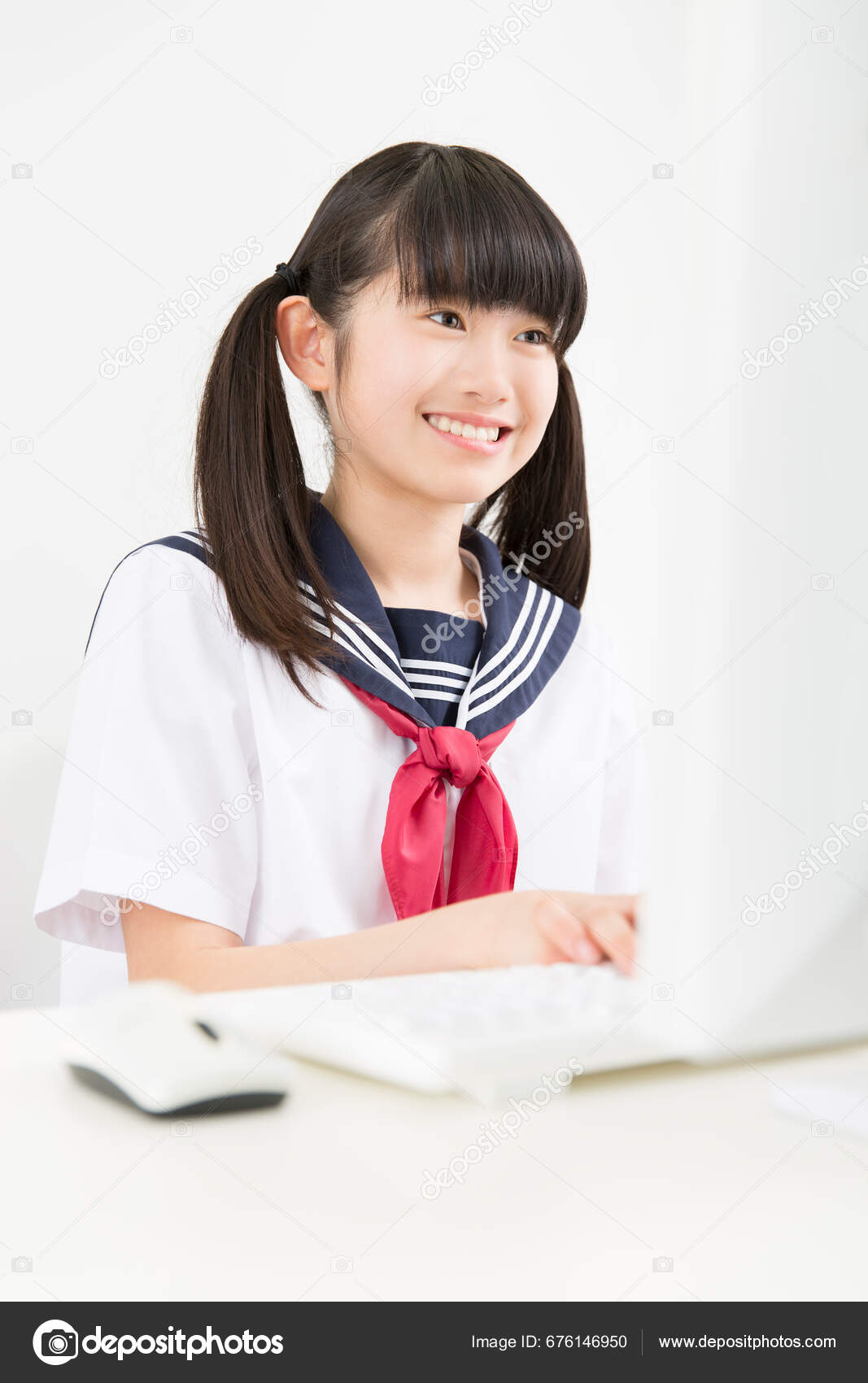 Portrait Beautiful Young Student School Uniform Studying Computer ...