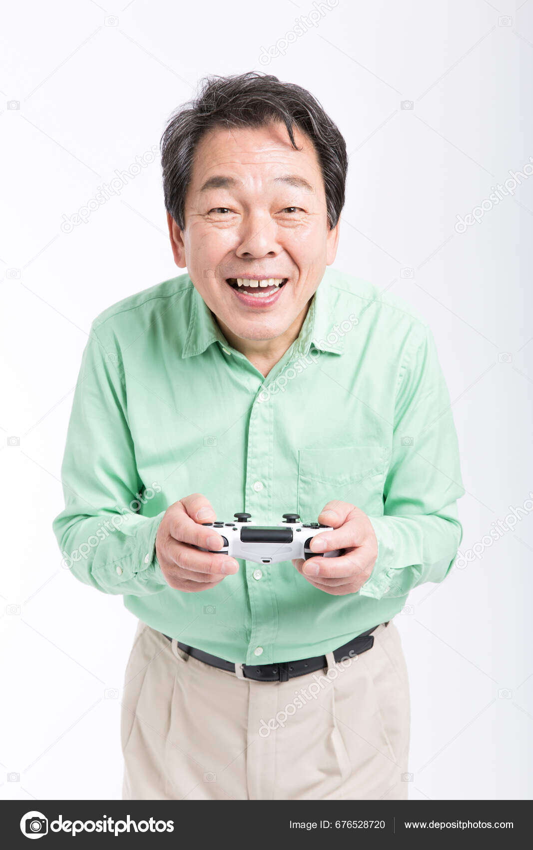 Senior Asian Man Playing Video Game Isolated White — Stock Photo ...
