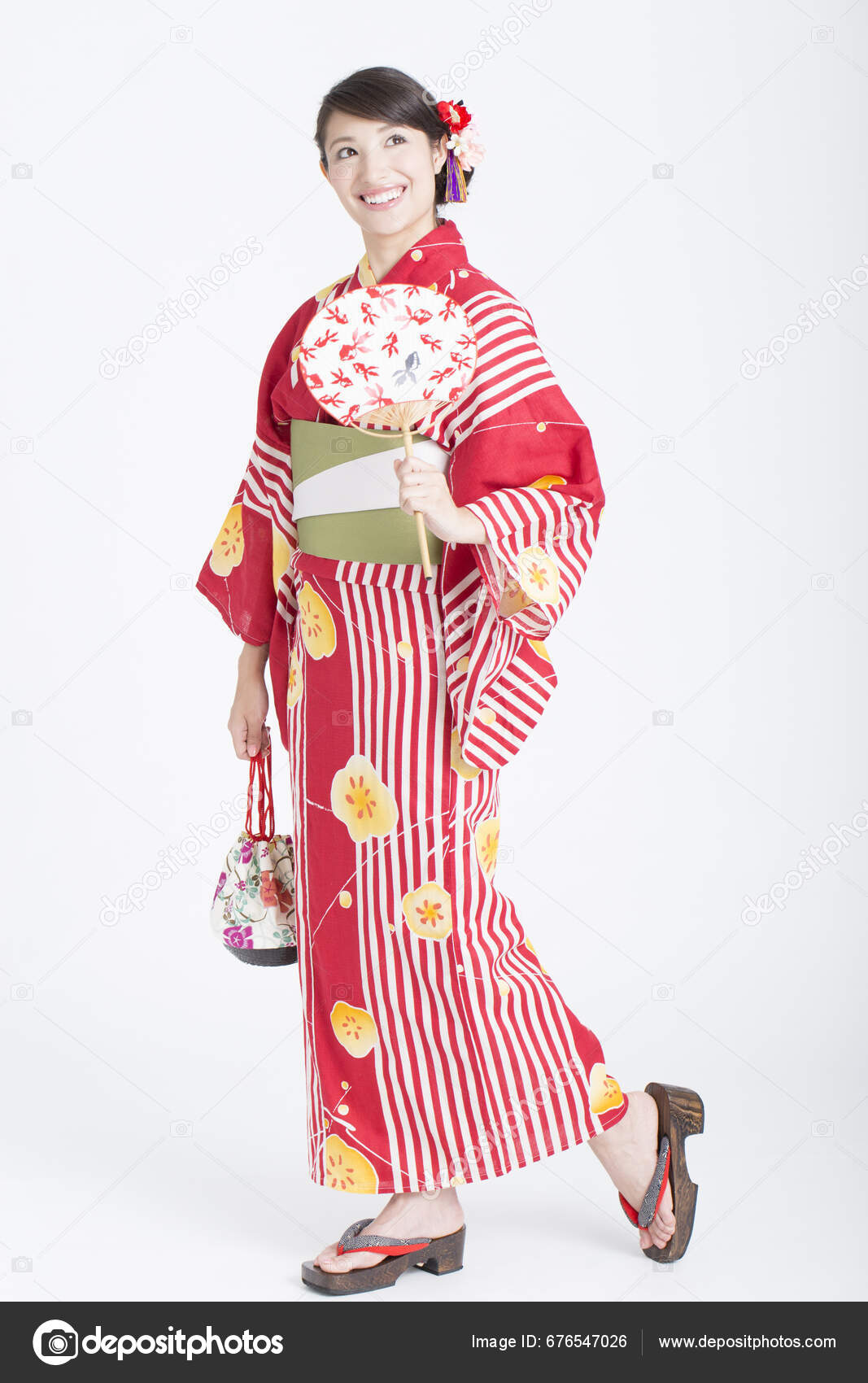 Beautiful Woman Traditional Red Kimono Fan — Stock Photo ...