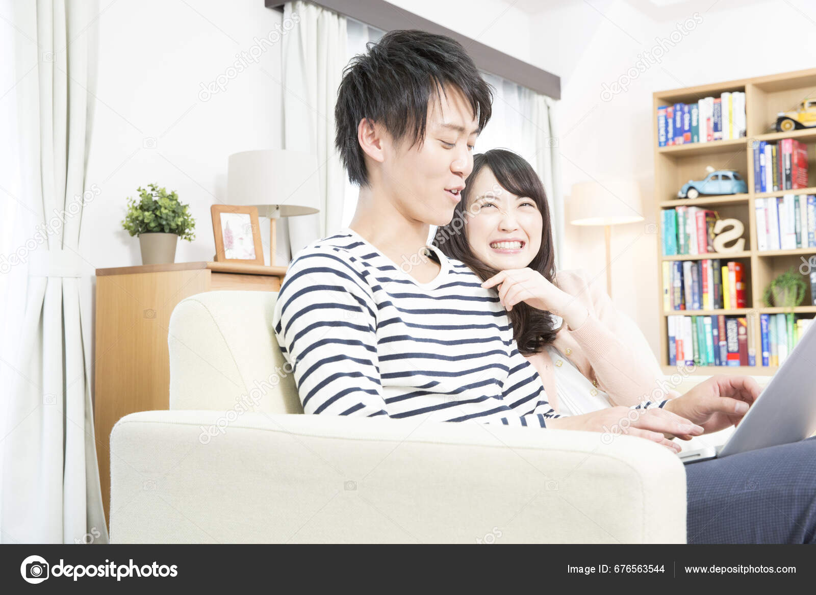 Young Asian Couple Using Laptop Computer Home — Stock Photo ...